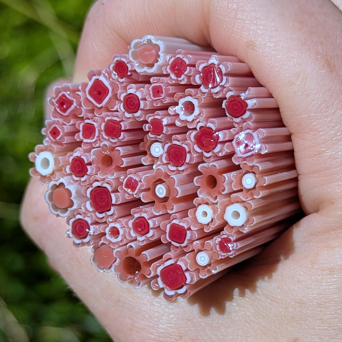 Salmon Pink and Deep Red Flowers Murrine Sticks COE 90 Fusible Glass M ...